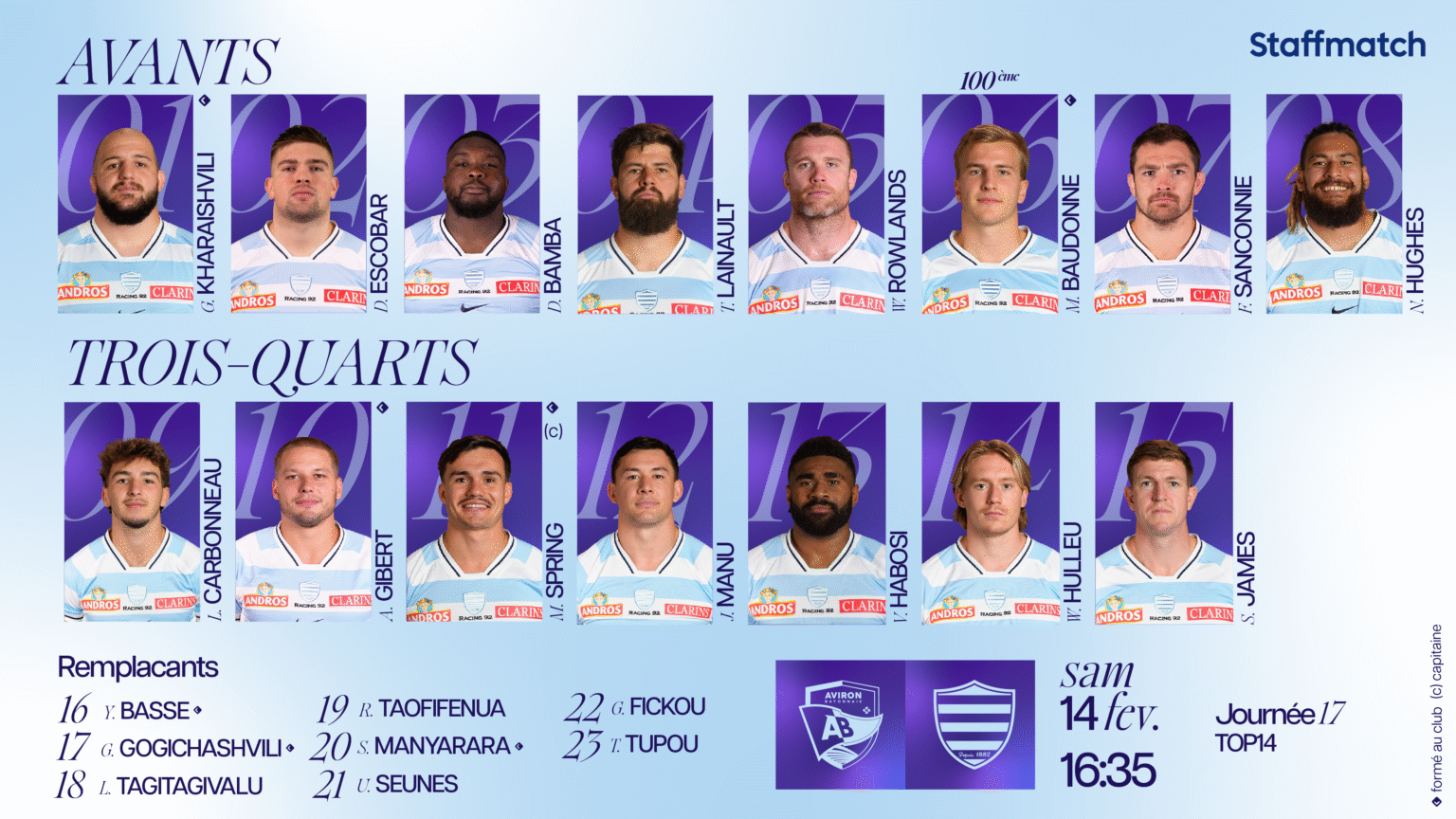 La composition du Racing 92 face à l'Aviron Bayonnais | Racing 92